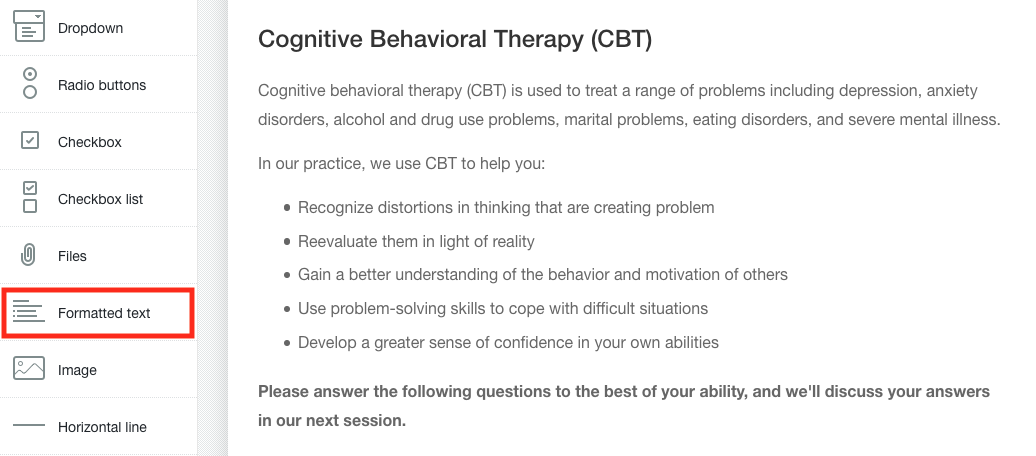 Create a CBT homework form using body charts, conditional visibility ...