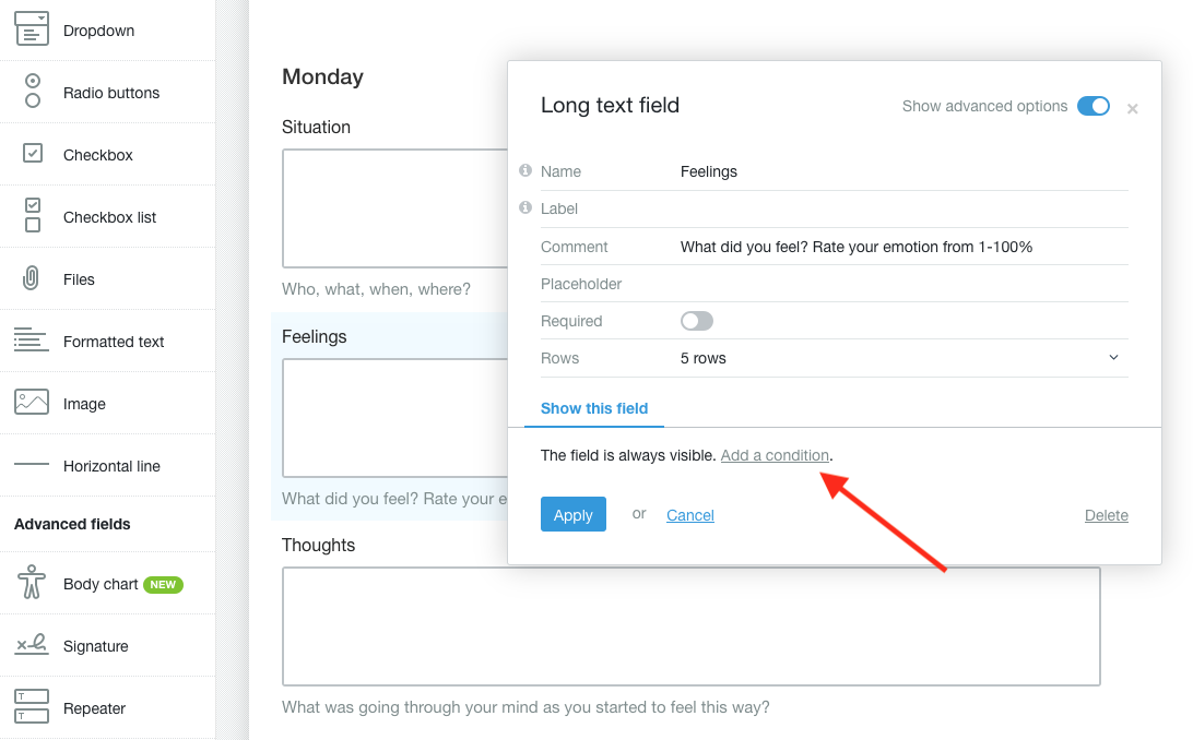 Create a CBT homework form using body charts, conditional visibility ...