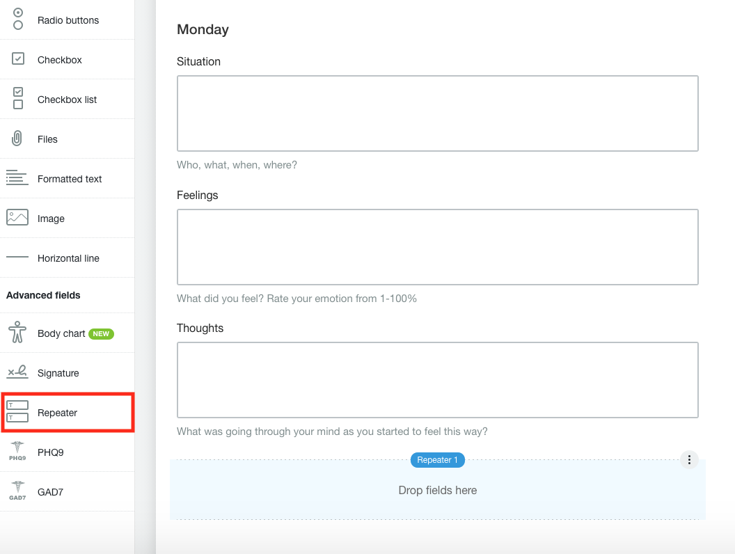 Create a CBT homework form using body charts, conditional visibility ...