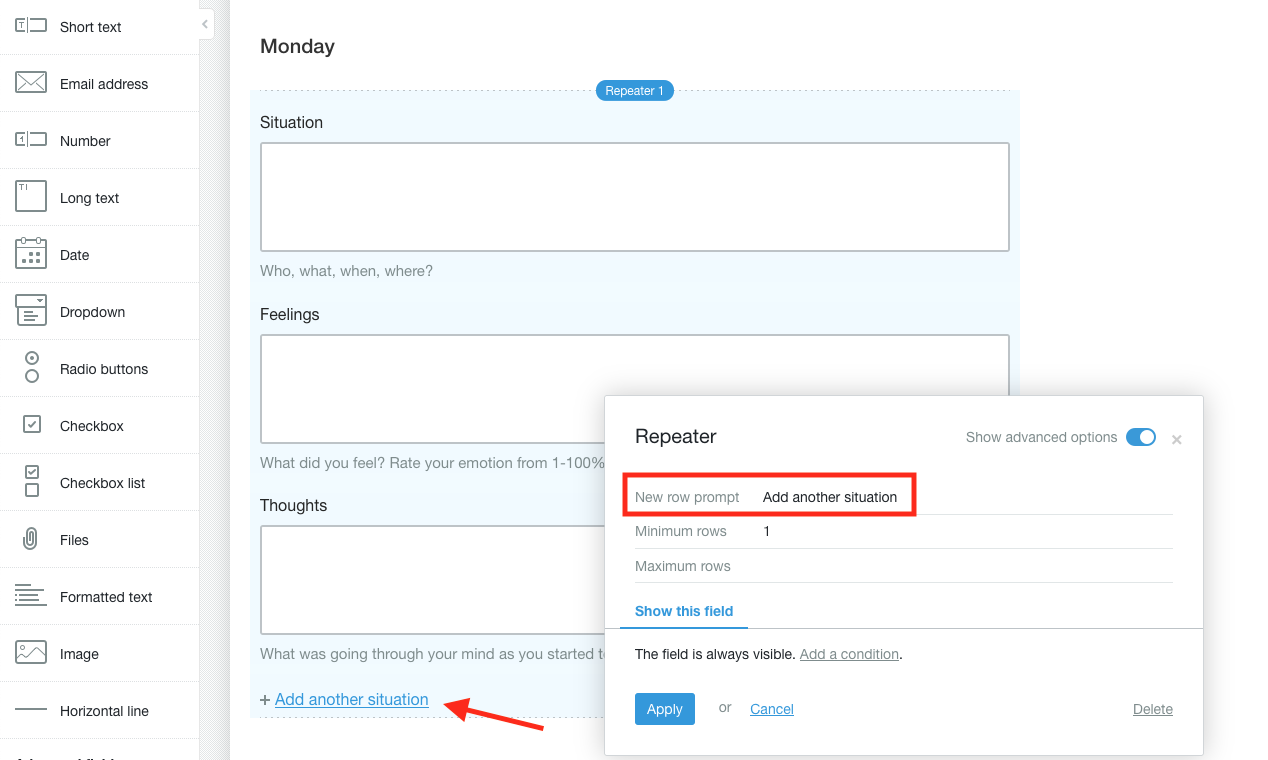 Create a CBT homework form using body charts, conditional visibility ...