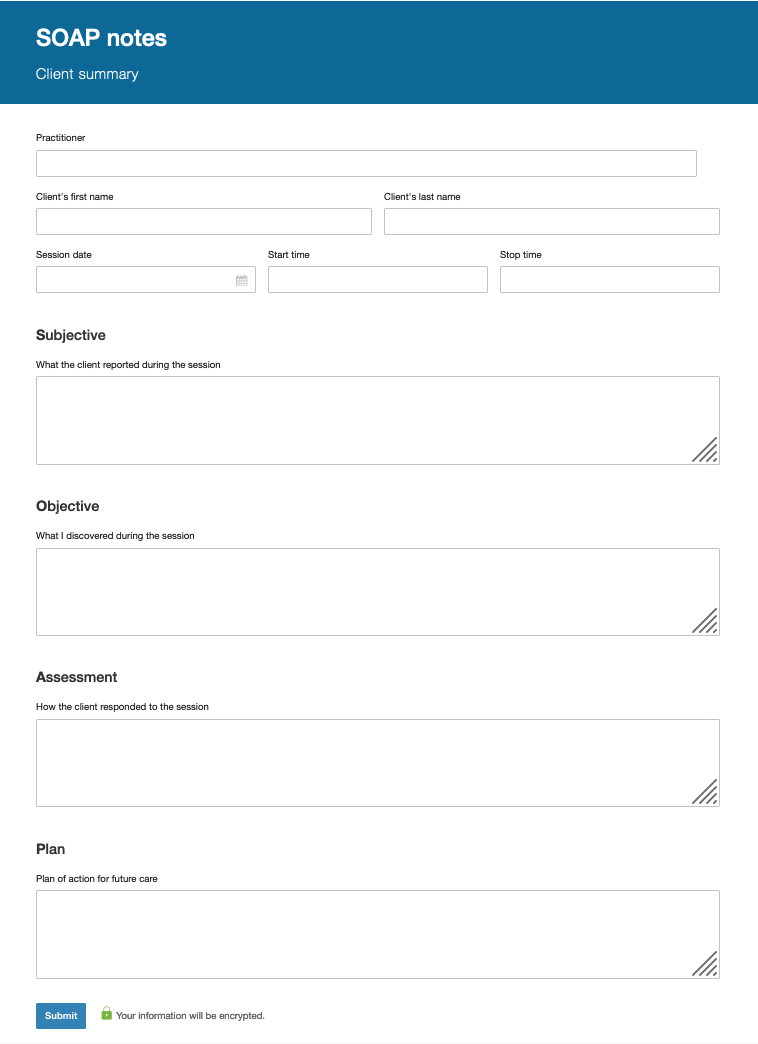 Create forms for SOAP, DAP, and process notes in Hush™ Secure Forms